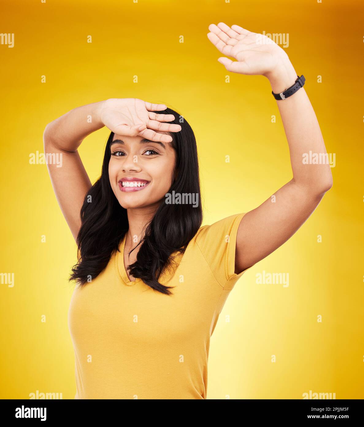Happy, shy and cover with portrait of woman in studio for excited ...