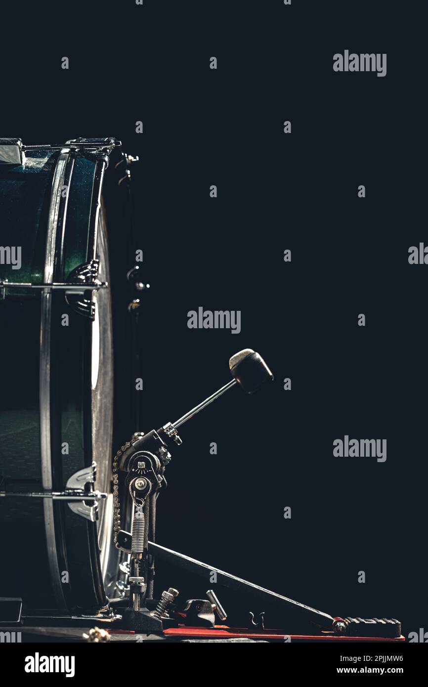 Bass drum with pedal, musical instrument on black background Stock ...