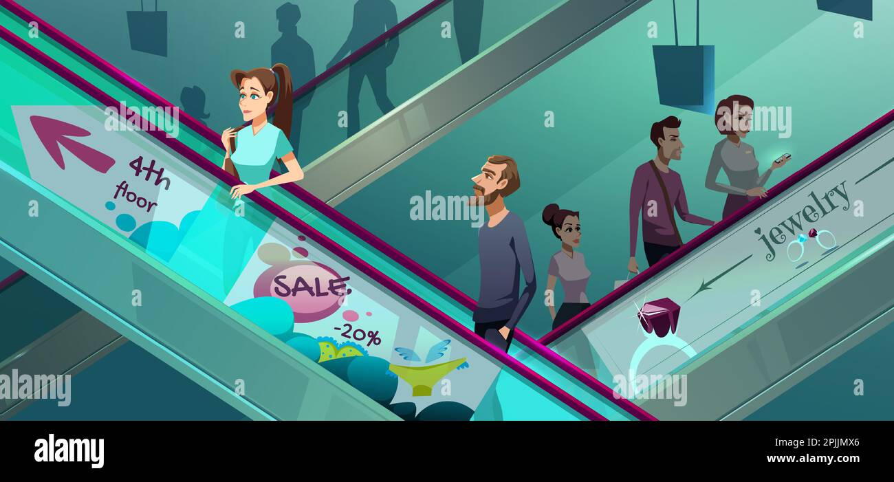 People on escalators in mall. Moving staircase, automatic ladder carrying man and woman up and ...