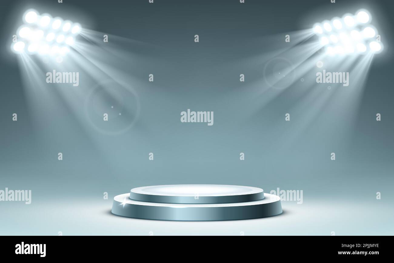 Round podium illuminated by spotlighs. Circular stand for exhibition ...