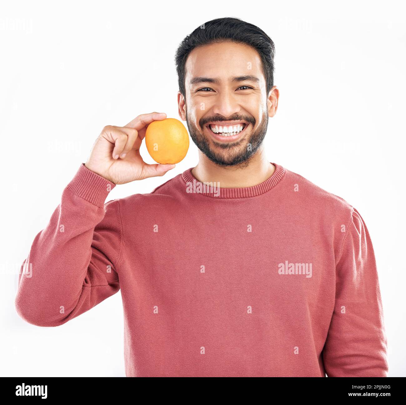 Orange fruit, happy man and portrait in studio, white background and ...