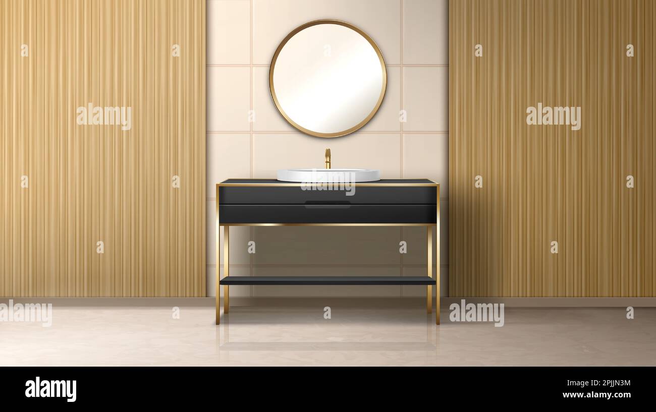 Bathroom with washbasin and gold round mirror on wall. Empty bath room ...