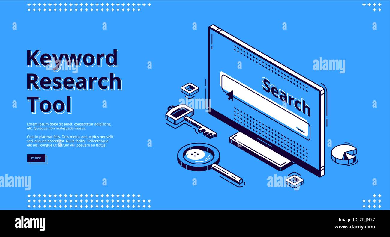Keyword research tool isometric landing page. Key, magnifying glass and ...