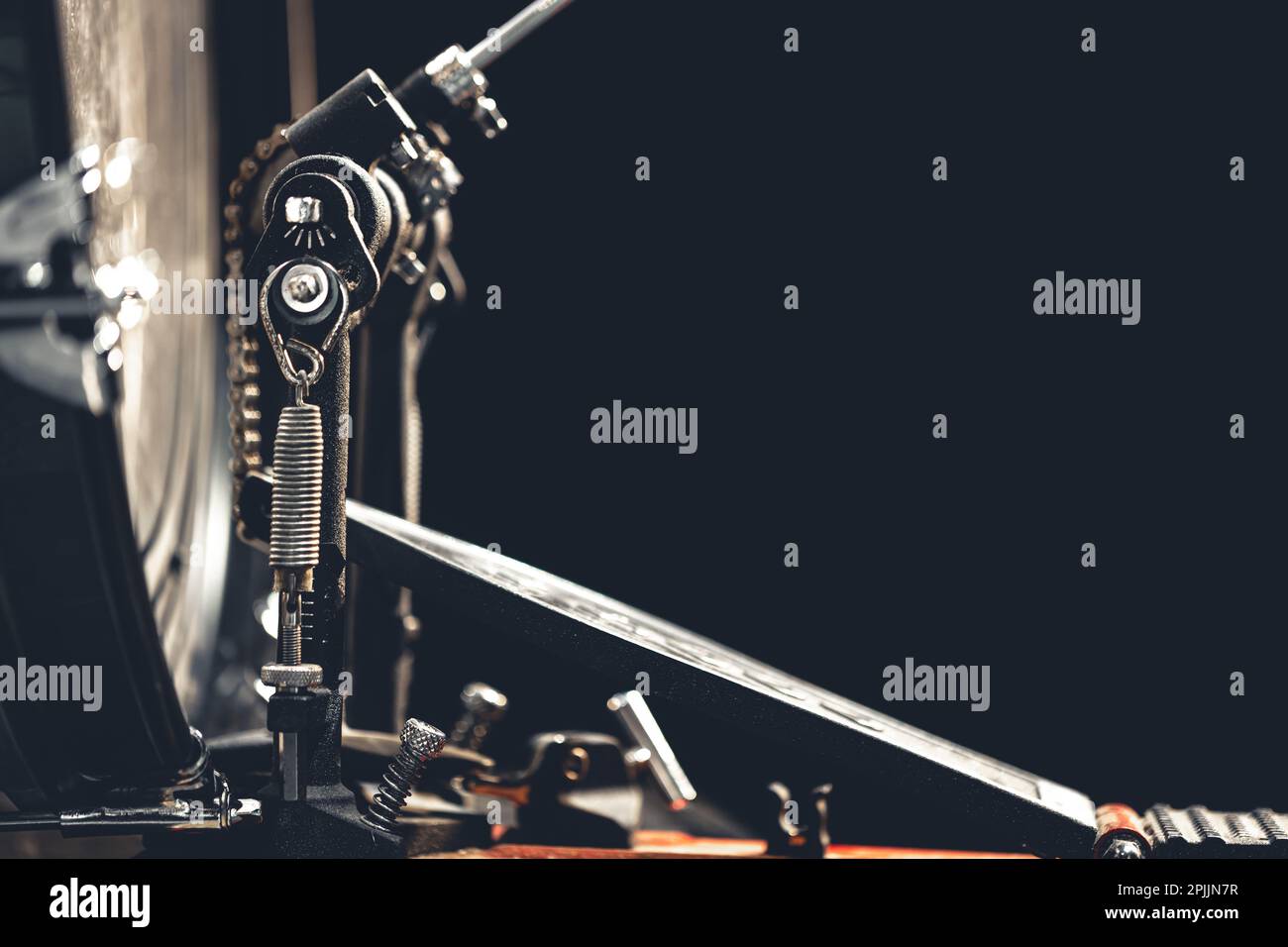 Bass drum with pedal, musical instrument on black background Stock ...