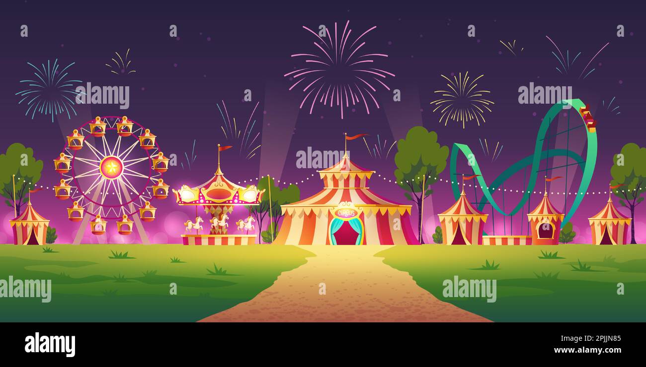 Carnival funfair, amusement park with circus tent, attractions and ...