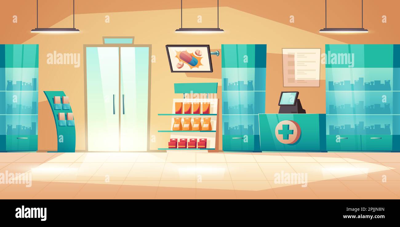 Pharmacy interior, modern drugstore with counter, medical products and ...