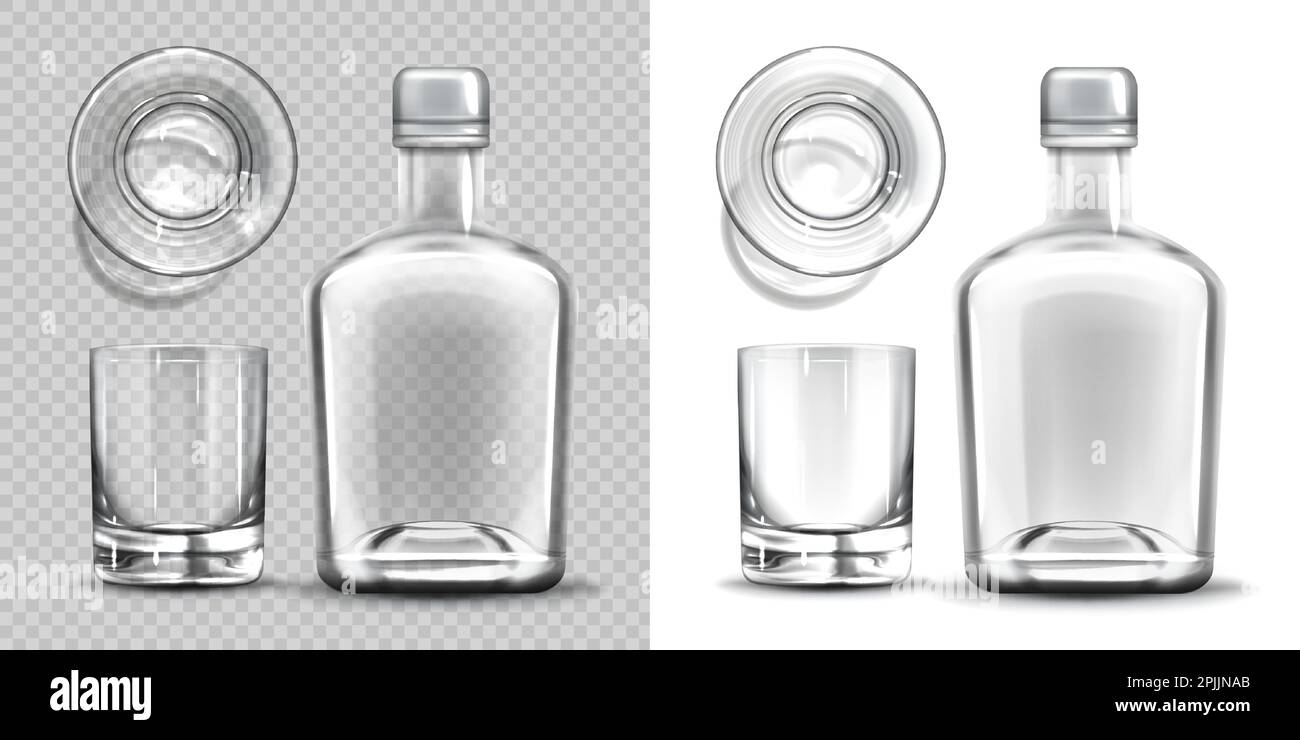 Bottle and shot glass side and top view set. Empty blank flask for ...
