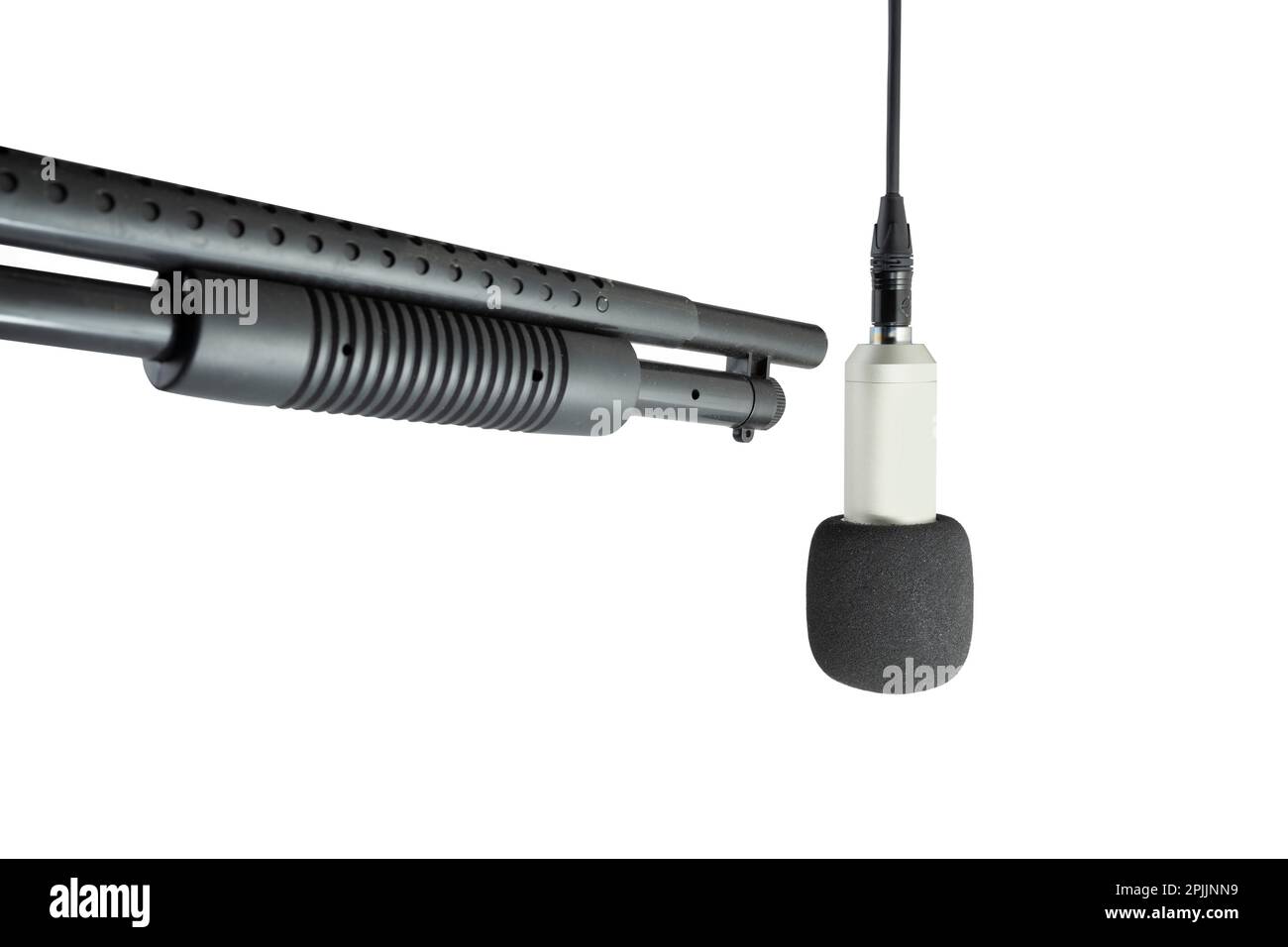 Gun aimed at hanged microphone isolated over white background Stock ...