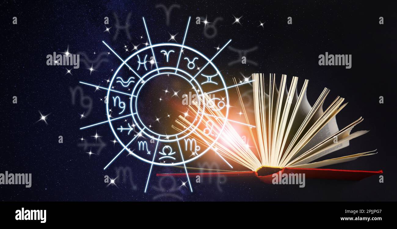 Old books, illustration of zodiac wheel with astrological signs and ...