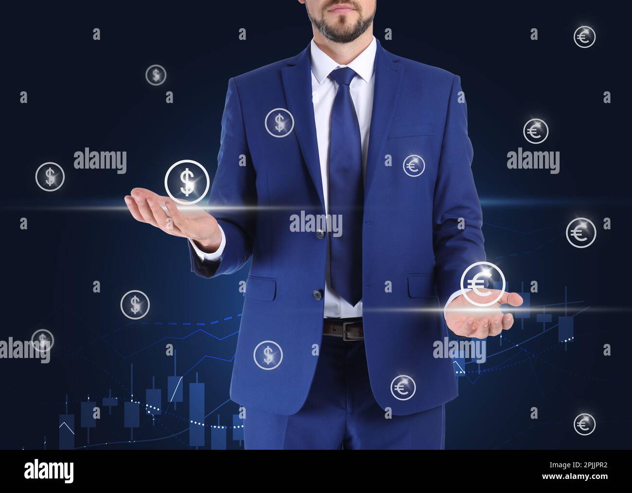 Man demonstrating virtual euro signs on dark background, closeup Stock ...