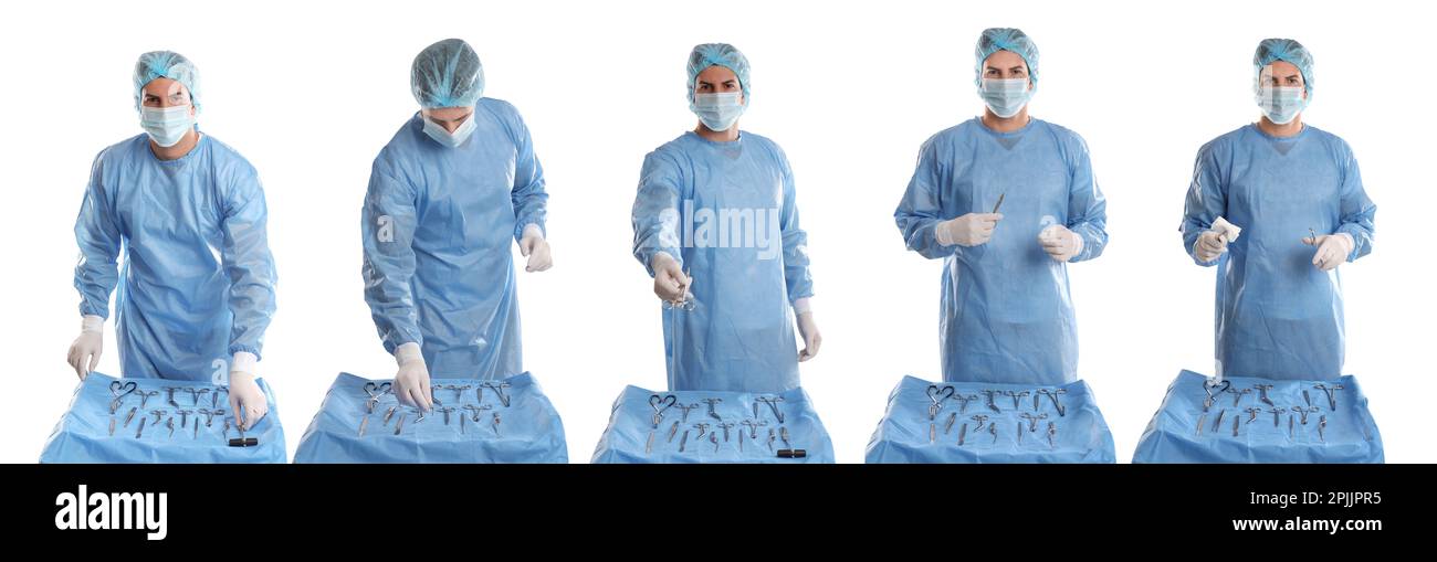 Collage with photos of doctor near table with different surgical ...