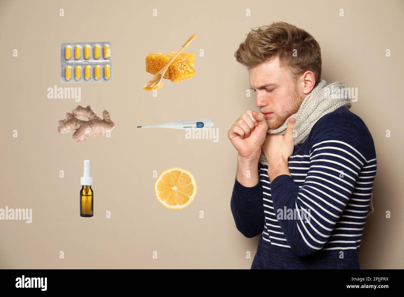 SIck man surrounded by different drugs and products for illness ...