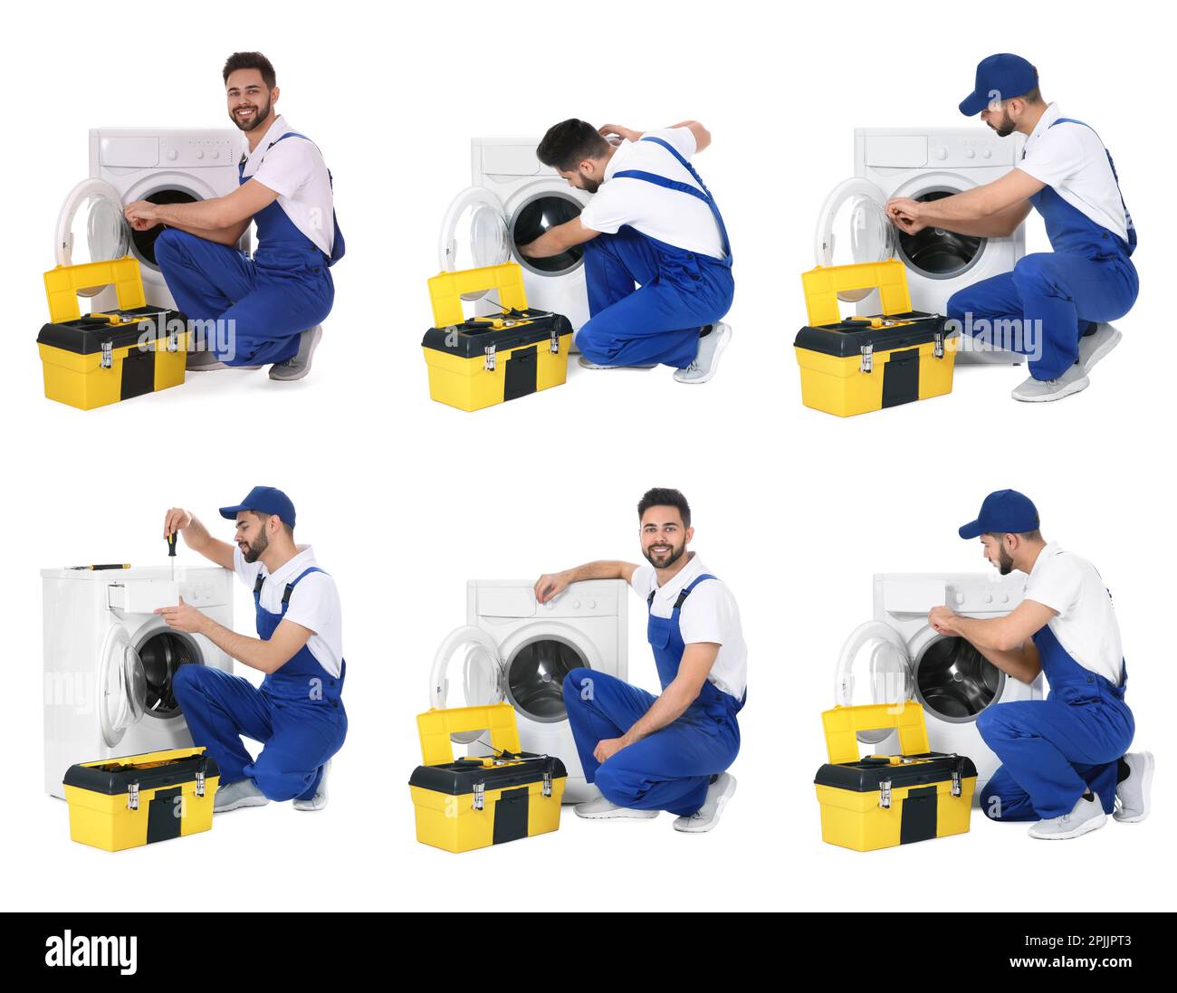 Collage with photos of plumber repairing washing machine on white ...