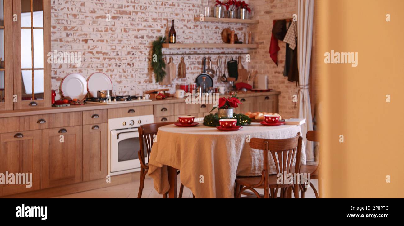 Beautiful kitchen interior with served dining table. Banner design ...