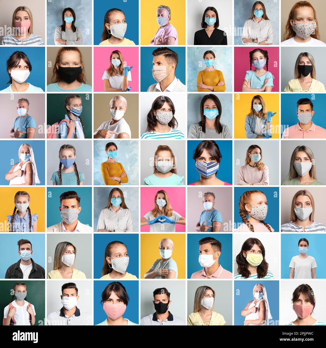 Collage with photos of people wearing protective face masks on ...