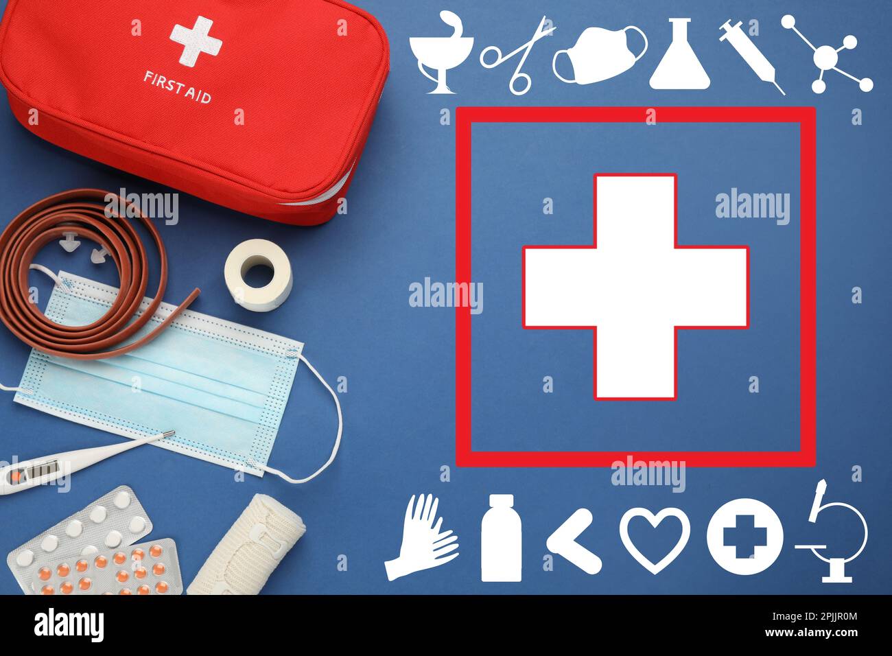First aid kit, cross and different images on blue background, flat lay ...