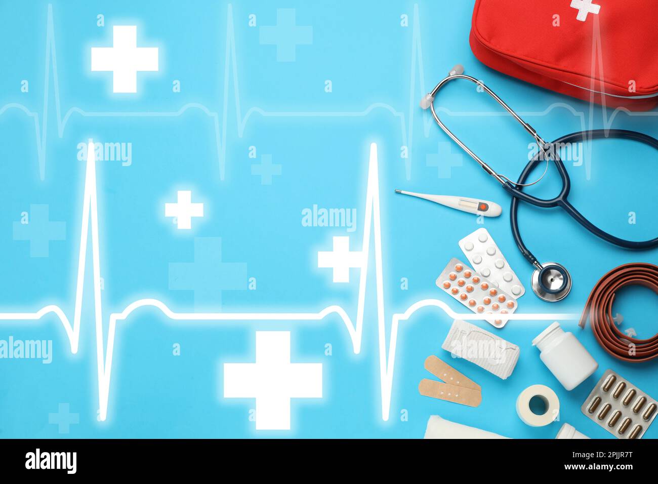 First aid kit and illustration of heartbeat rate with symbols cross on ...