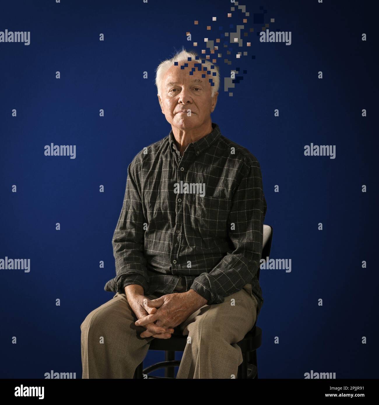 Elderly man with dementia on blue background. Illustration of head ...