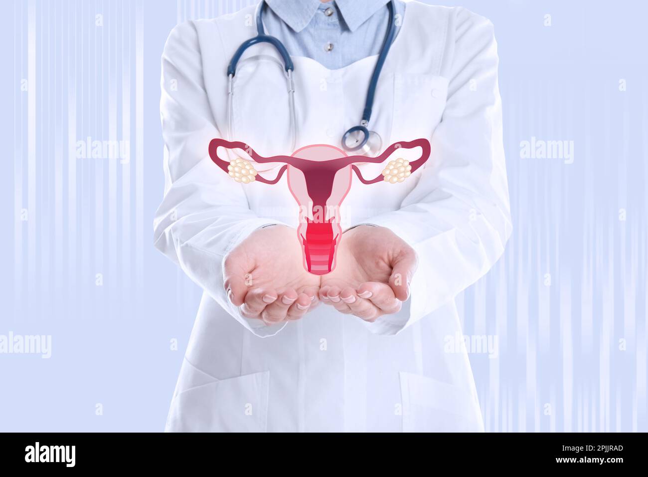 Doctor demonstrating virtual image of inflamed female reproductive ...