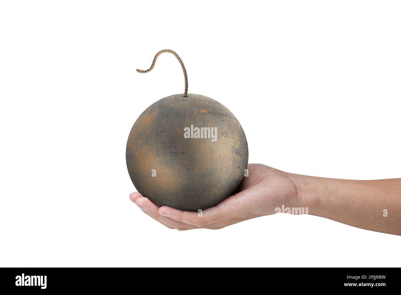Human hand holding ball bomb on white background Stock Photo - Alamy