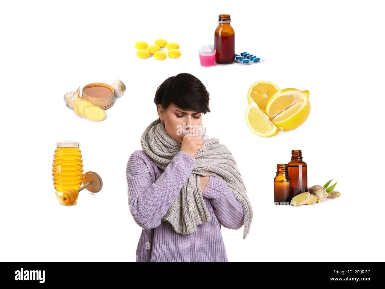 SIck woman surrounded by different drugs and products for illness ...