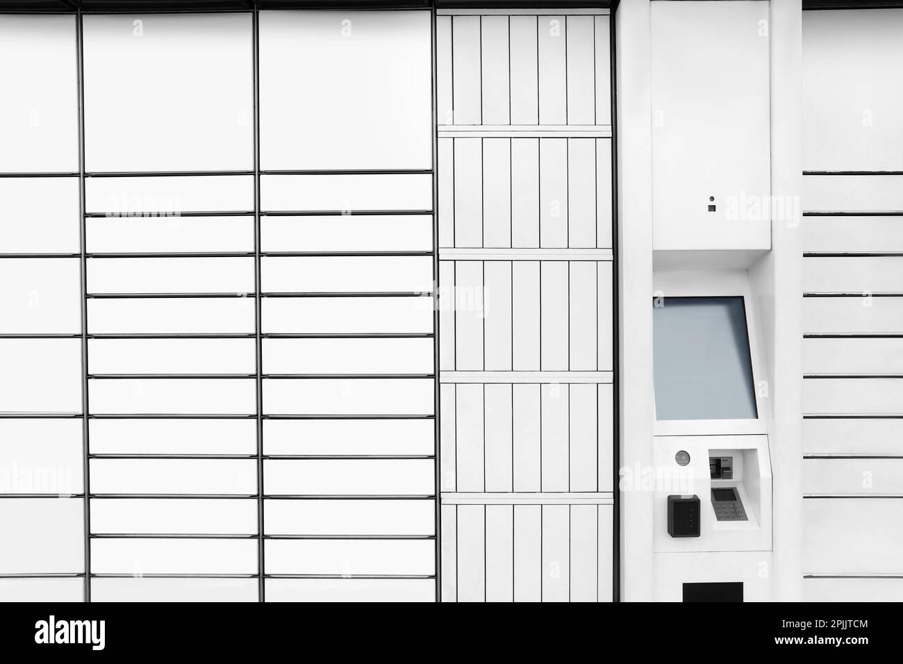 Modern parcel locker with many postal boxes as background Stock Photo ...