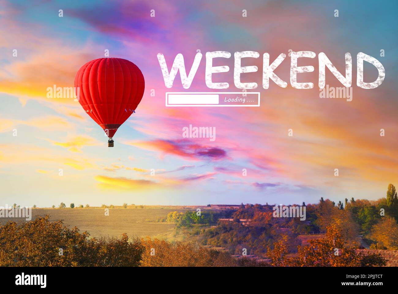 Weekend coming soon. Illustration of progress bar and beautiful view of ...
