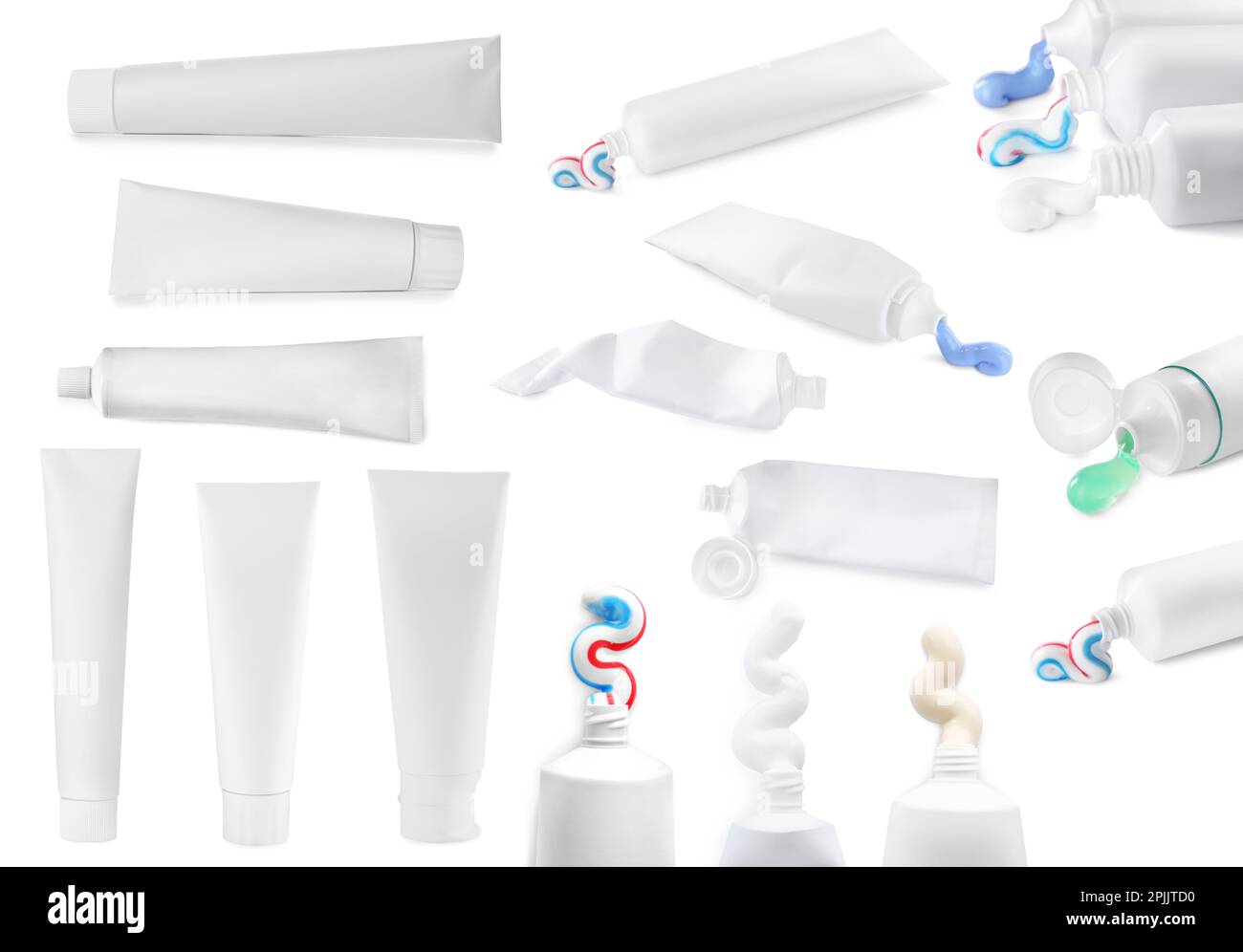 Collage with different toothpastes on white background Stock Photo - Alamy