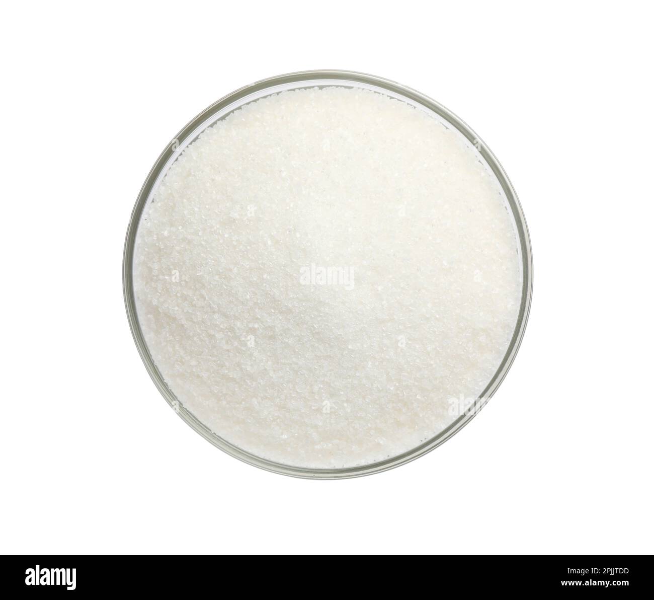 Granulated sugar in glass bowl isolated on white, top view Stock Photo ...