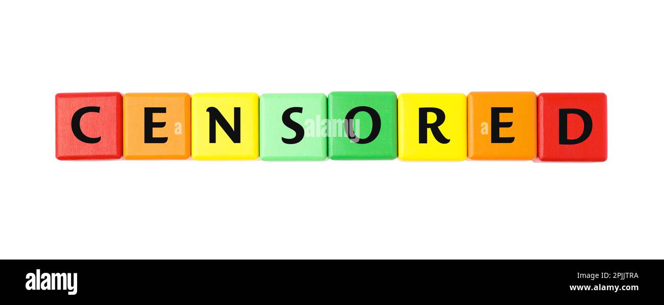 Colorful cubes with word Censored on white background, top view Stock ...