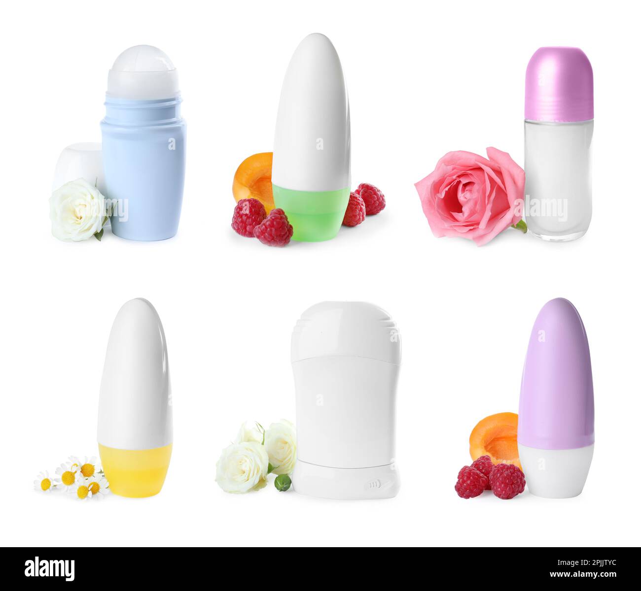 Set of different deodorants with ingredients on white background Stock ...