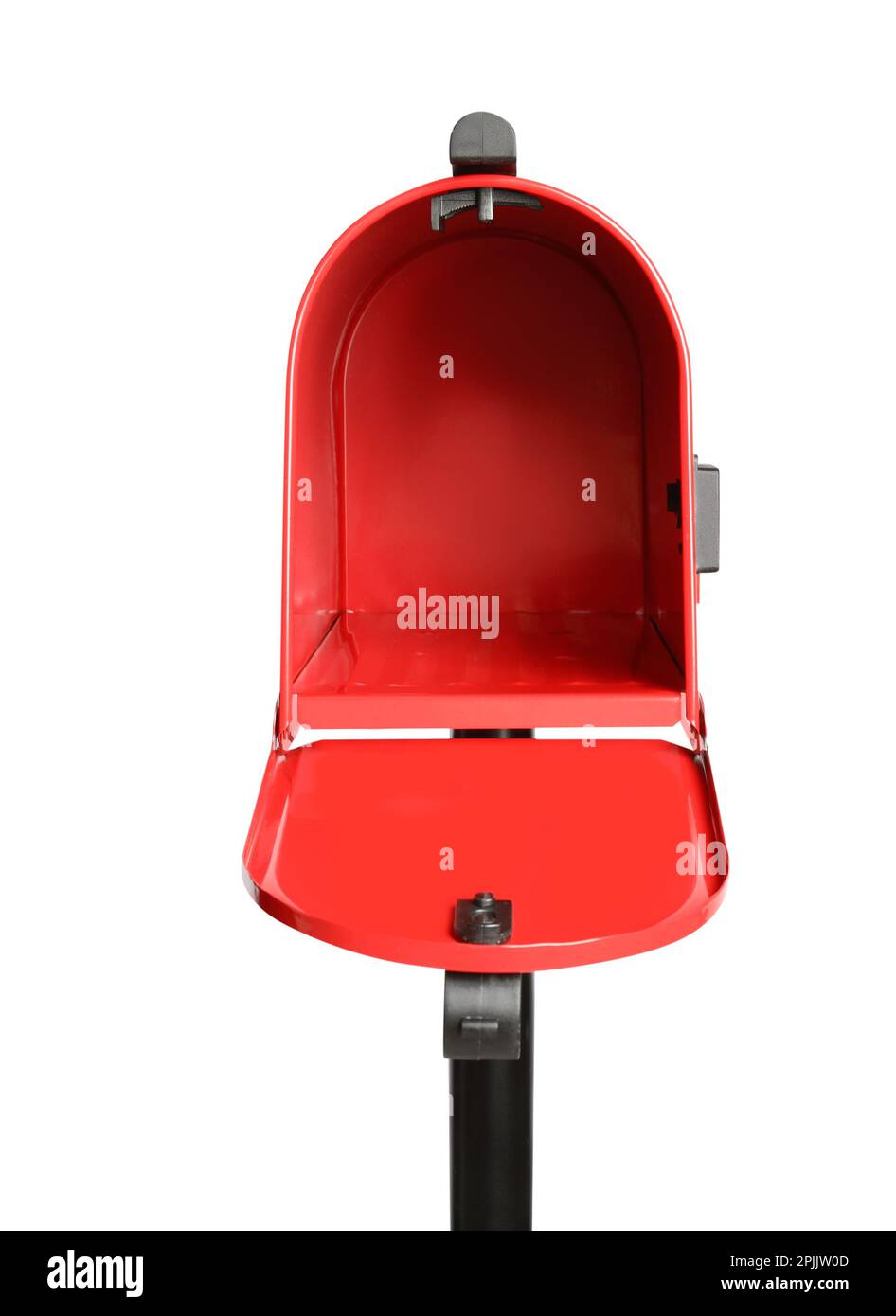 Open red letter box on white background Stock Photo - Alamy