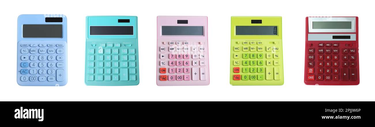 Set of different calculators on white background, banner design Stock ...