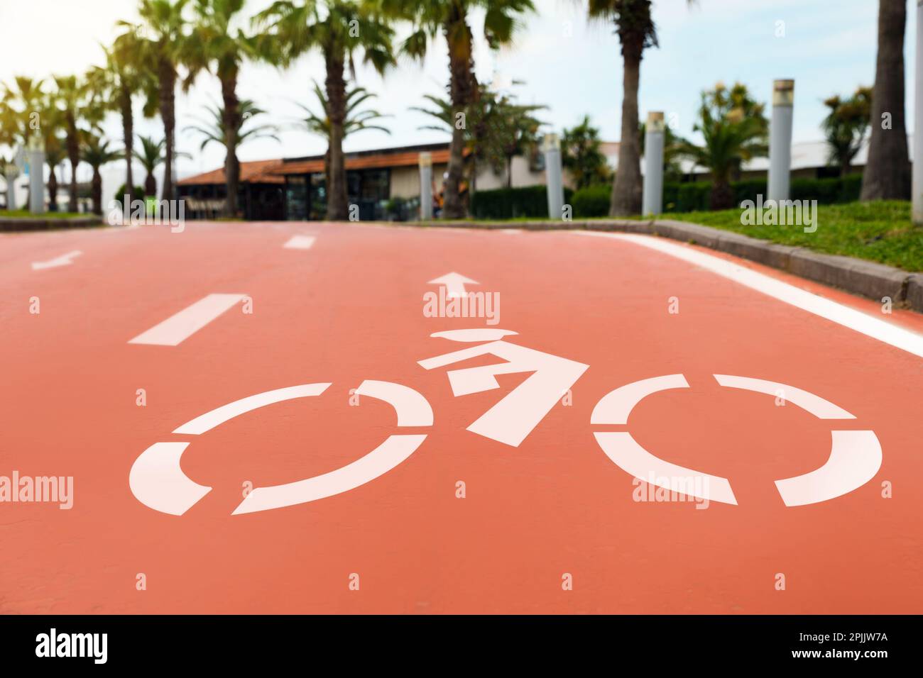 Red bike lane with painted white bicycle sign Stock Photo - Alamy