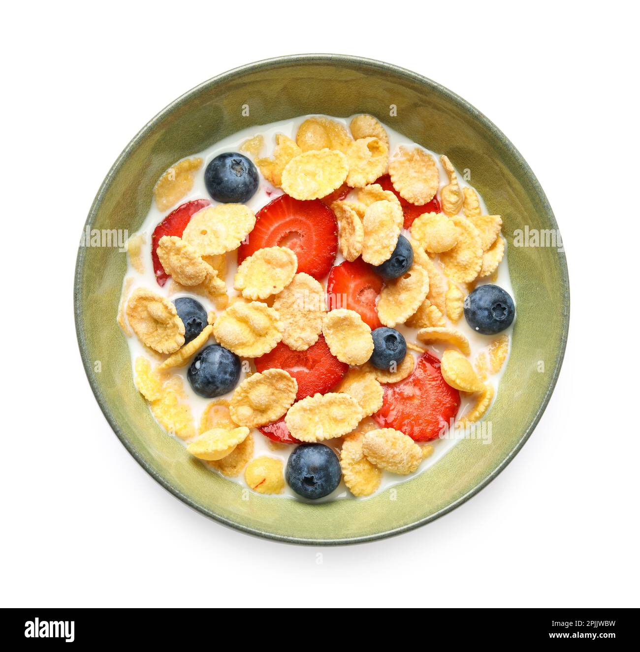 Corn flakes with berries in bowl isolated on white, top view Stock ...