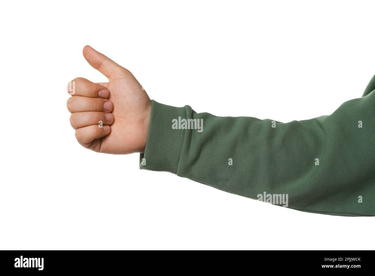 Man showing thumb up on white background, closeup of hand. Hitchhiking ...