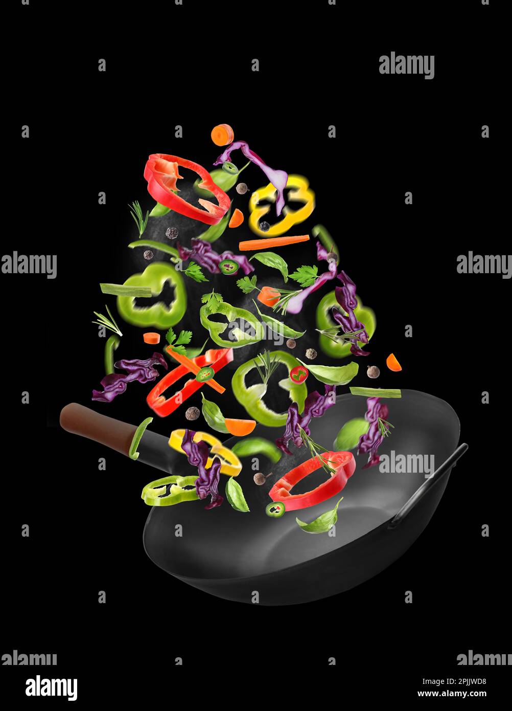 Different tasty ingredients falling into wok on black background Stock ...