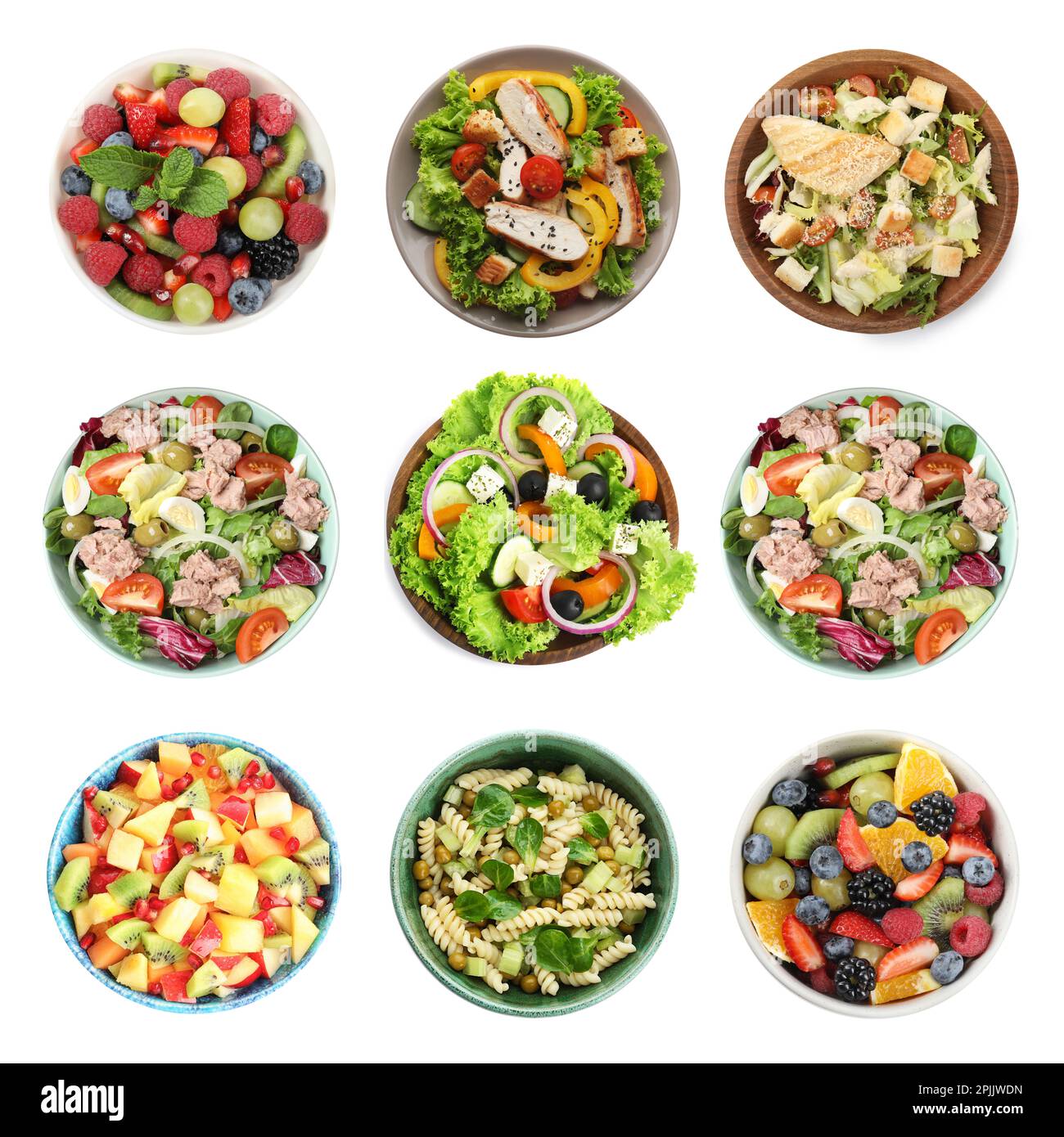 Set with different tasty salads on white background, top view Stock ...
