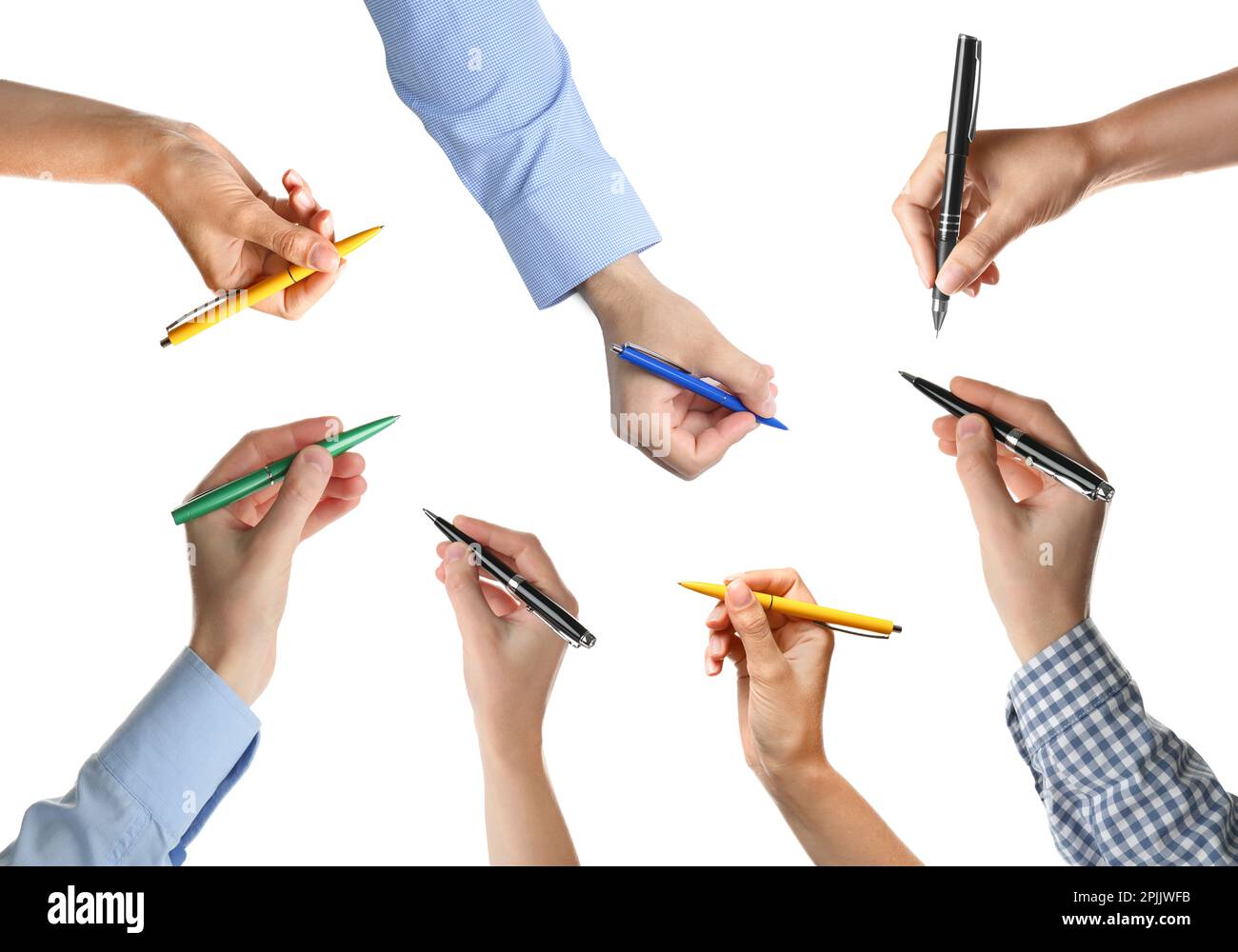 Collage with photos of people holding pens on white background Stock ...