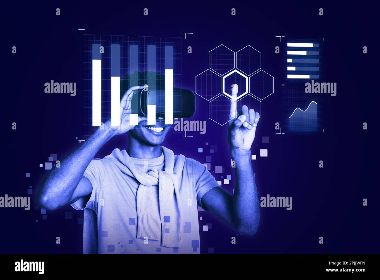 Photo collage of young positive businessman startup finger touch ...