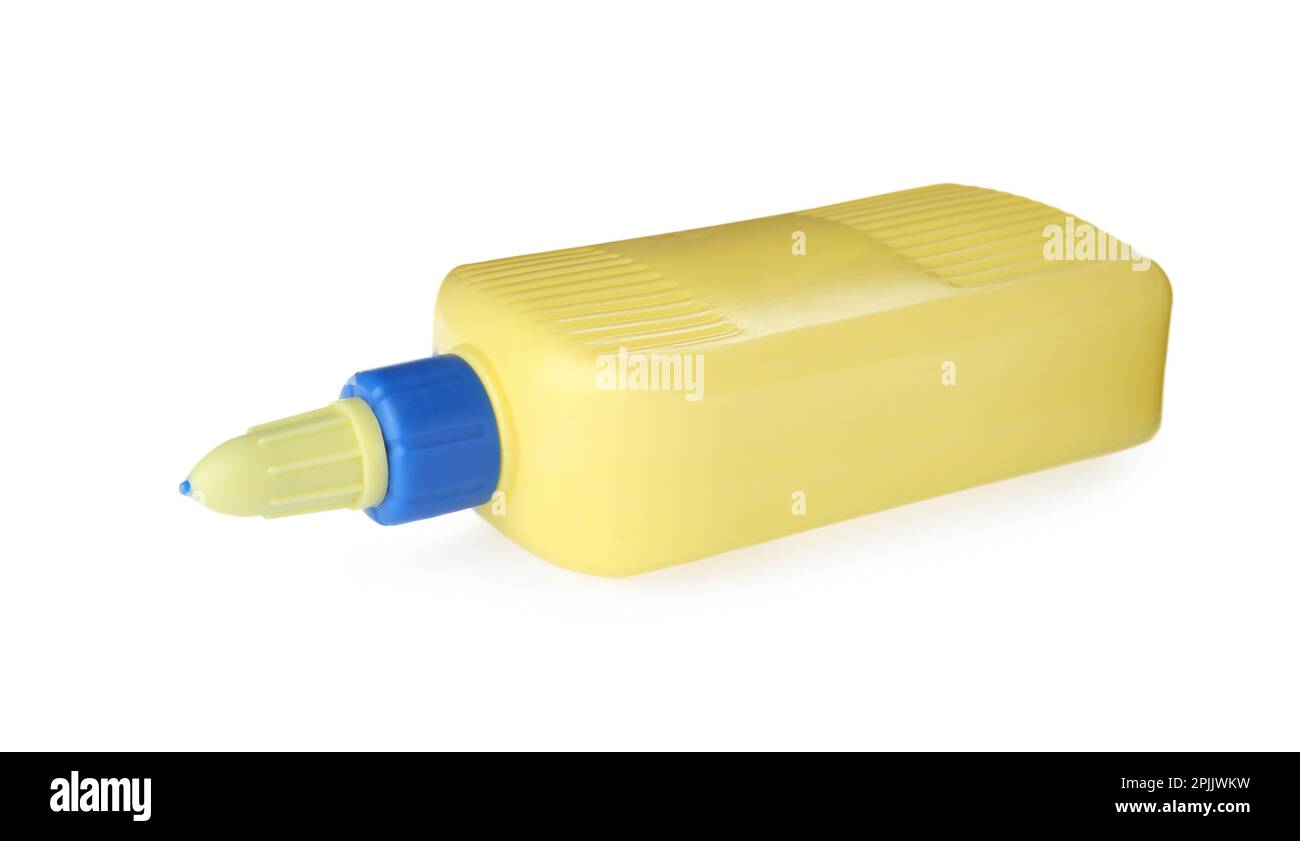 Blank yellow bottle of glue isolated on white Stock Photo - Alamy