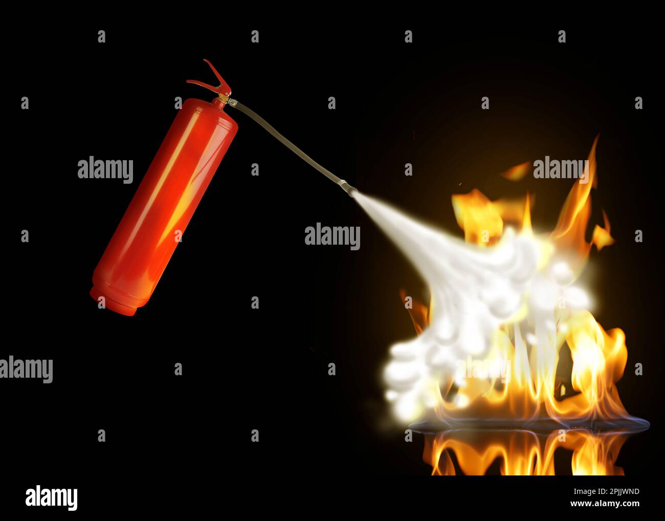 Putting out flame with fire extinguisher on dark background Stock Photo ...