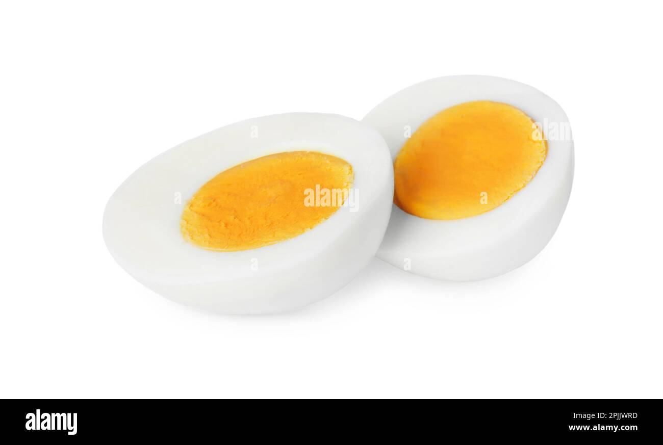 Halves of fresh hard boiled egg on white background Stock Photo - Alamy