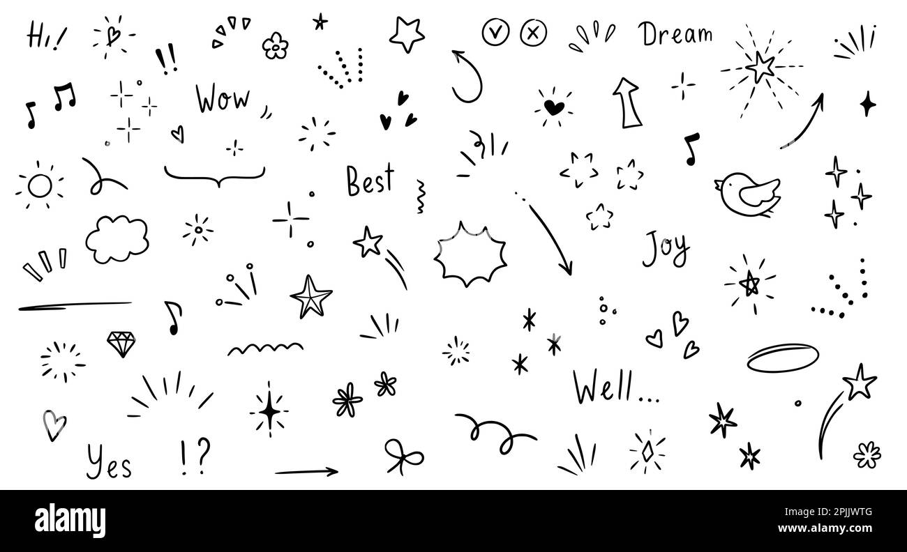 Doodle cute glitter pen line elements. Doodle heart, arrow, star ...