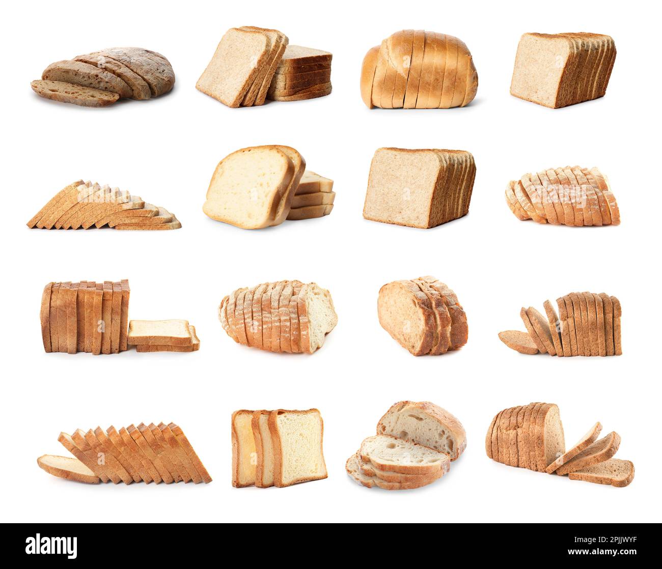 Collage with different sliced bread on white background Stock Photo - Alamy