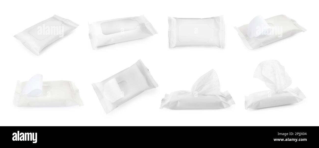 Set with packs of wet wipes on white background. Banner design Stock ...