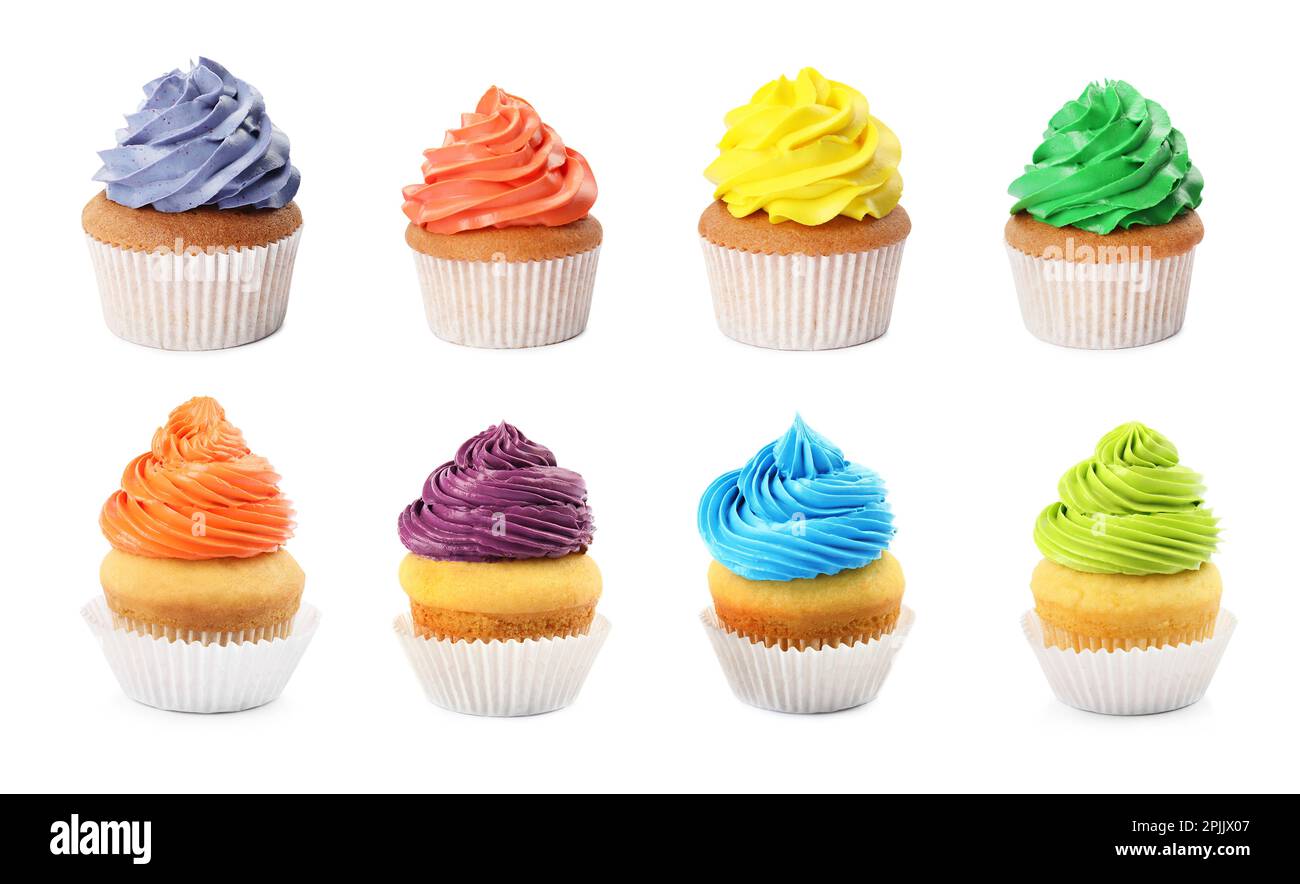 Set of colorful birthday cupcakes on white background Stock Photo - Alamy