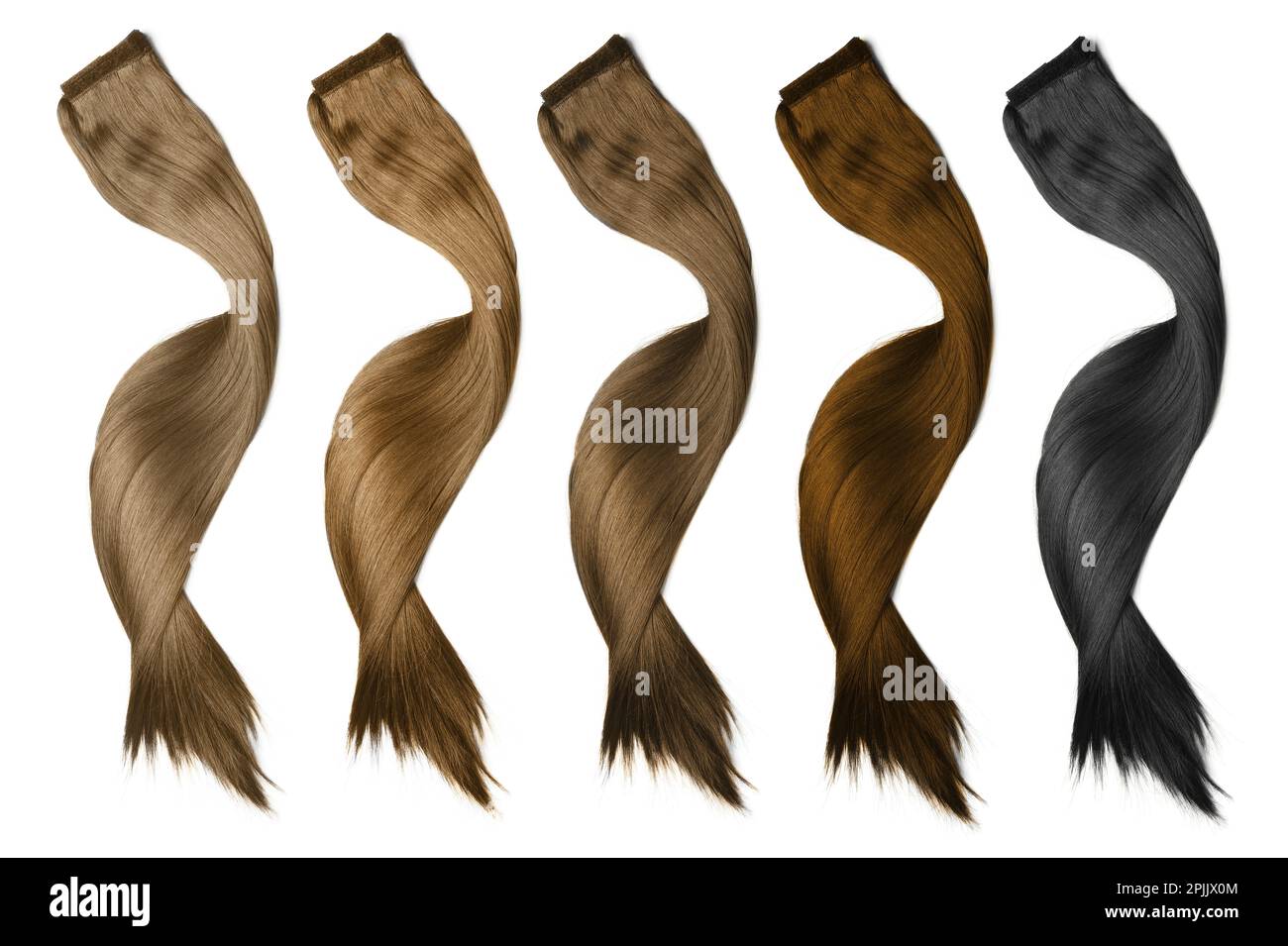 Strands of different beautiful hair on white background, top view Stock ...