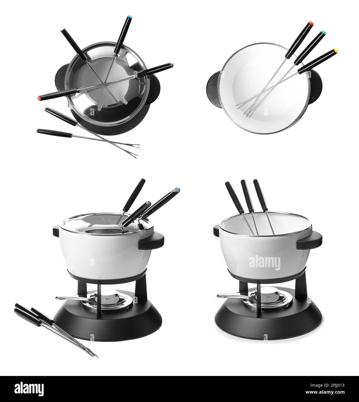 Modern fondue sets on white background, collage Stock Photo - Alamy