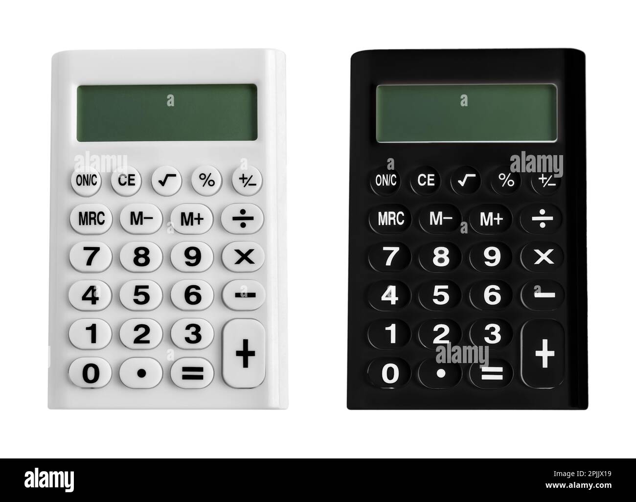 Different calculators on white background, top view. Collage Stock ...